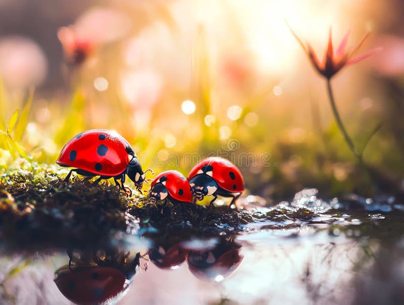 A Group of Ladybugs Sitting on Top of a Moss Covered Ground Stock Photo ...