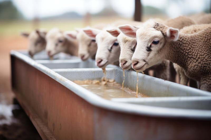 A Group of Lambs Lined Up at a Feeding Trough Stock Illustration ...