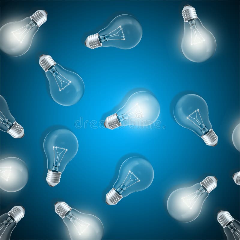 Group of Lamp Bulbs on Blue Background with Glowing Bulbs. Concept ...