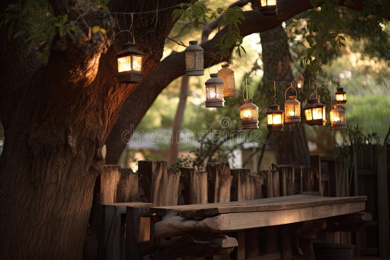 Group of Lanterns Hanging from a Tree, Casting Soft Light on Garden ...