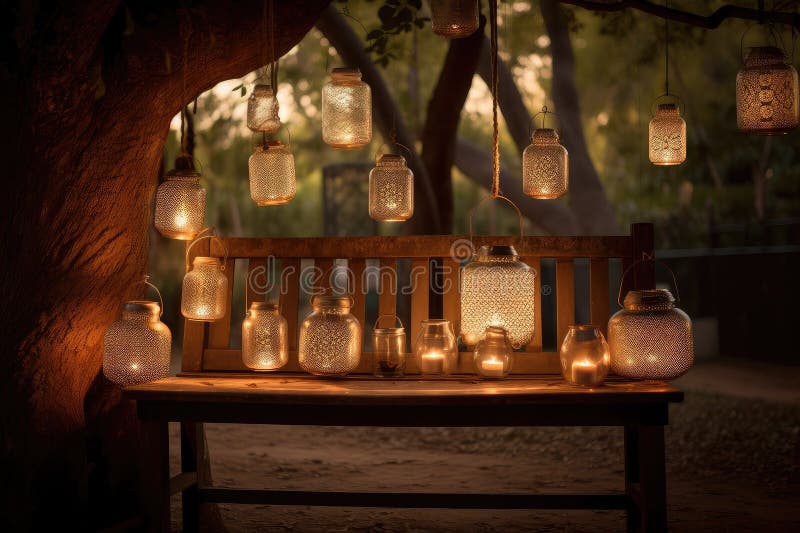 Group of Lanterns Hanging from a Tree, Casting Soft Light on Garden ...