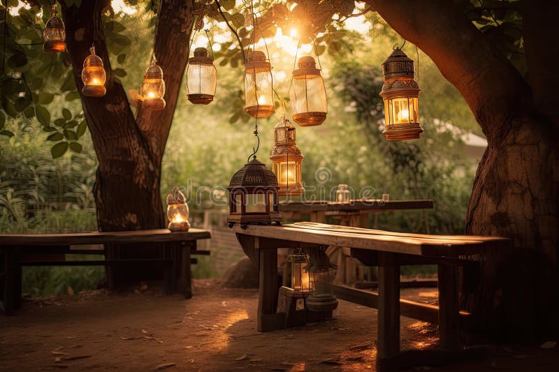 Group of Lanterns Hanging from a Tree, Casting Soft Light on Garden ...