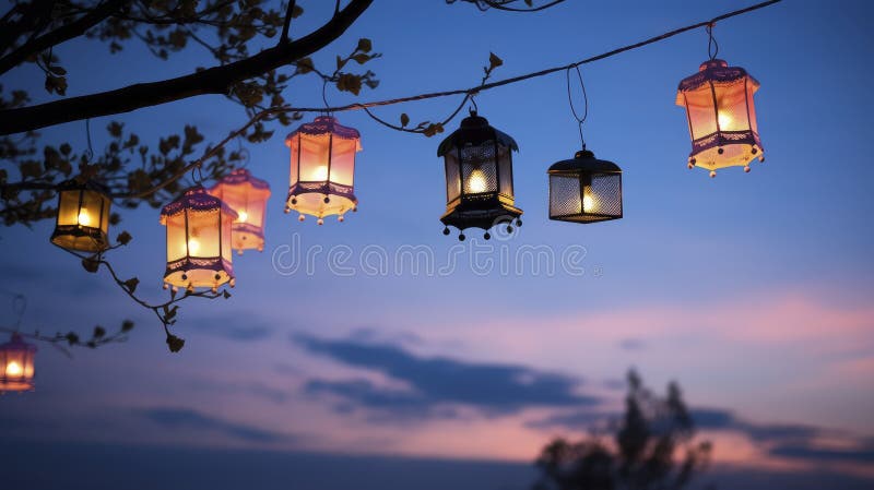 Group of Lanterns Hanging from Tree, Illuminated Decorative Lights ...