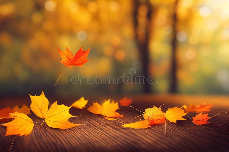 A Group of Leaves Laying on a Wooden Table in the Sun Light of a Forest ...