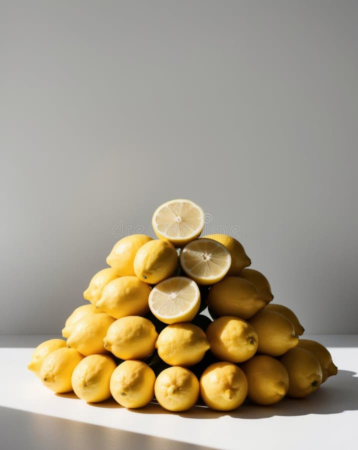 A Group of Lemon Slices Sits Atop a Pile of Lemons on a Table. Stock ...