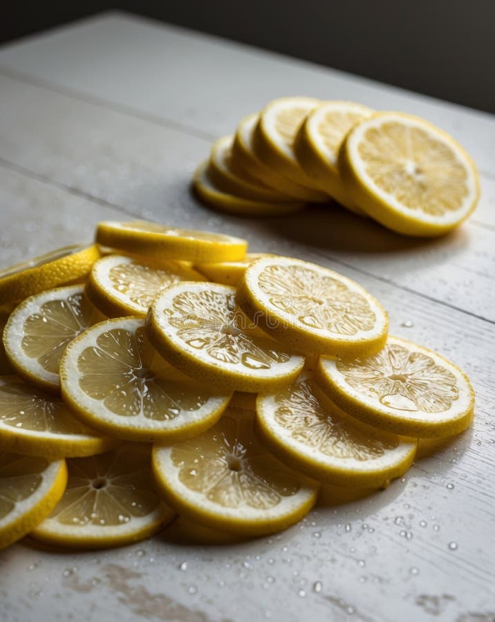 A Group of Lemon Slices on a Table with a Pile of Other Lemon Slices ...
