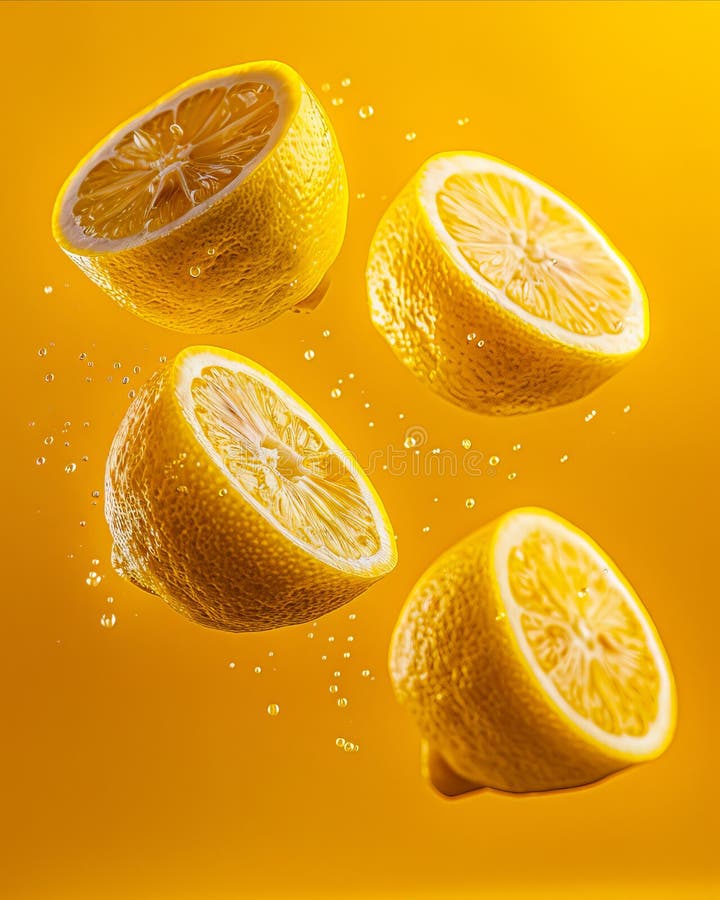 A Group of Lemons Falling into the Air with Water Droplets Stock Image ...