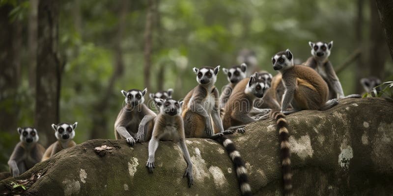 A Group of Lemurs Sunbathing on a Rocky Outcropping in the Jungle ...