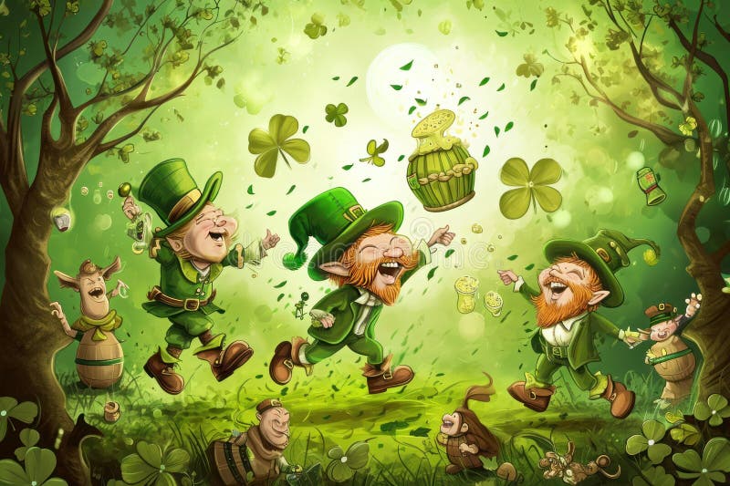 A Group of Leprechauns Playing with Clovers in a Forest Stock ...