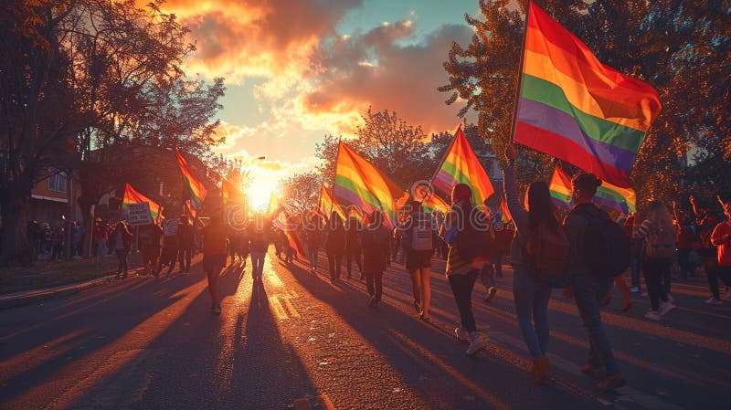 A Group of LGBTQ+ Activists Protesting with Signs and Rainbow Flags ...