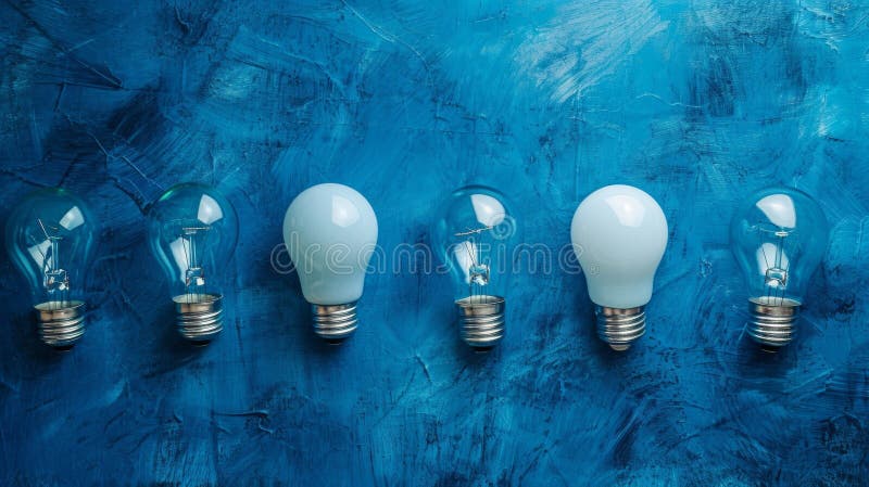 Group of Light Bulbs on Blue Wall Stock Photo - Image of creative ...