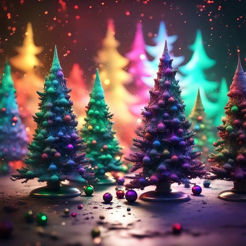 Group of Lighted Metallic Christmas Trees with Colored Christmas Lights ...