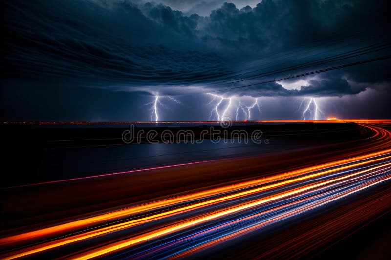 A Group of Lightning Strikes Over a Highway. Generative AI Stock ...