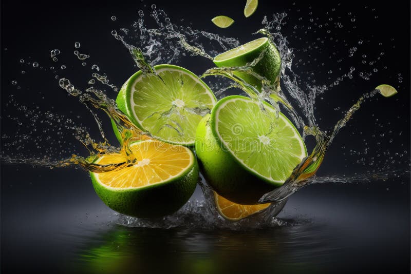 A Group of Limes with Water Splashing on Them and a Slice of Orange in the Middle of the Frame ...