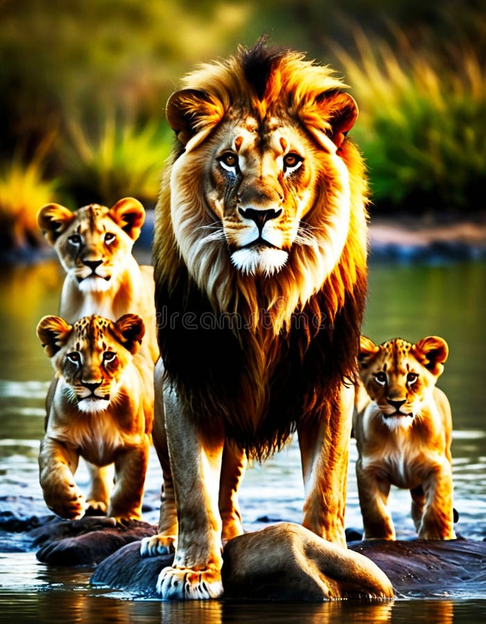 A Group of a Lion and Cubs in a Forest Walking in a Shiny Land with ...