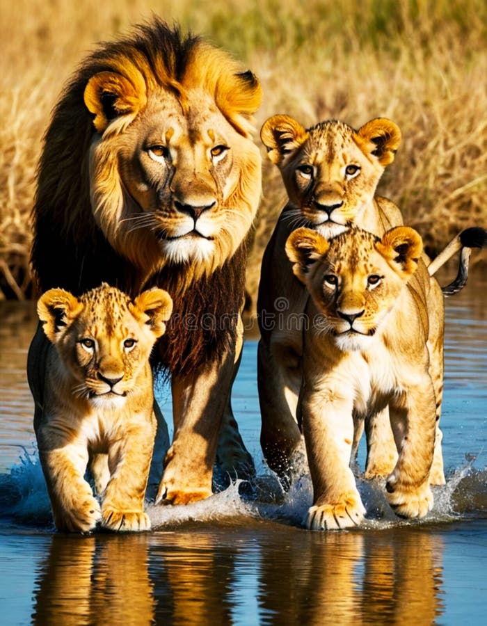 A Group of a Lion and Cubs in a Forest Walking in a Shiny Land with ...
