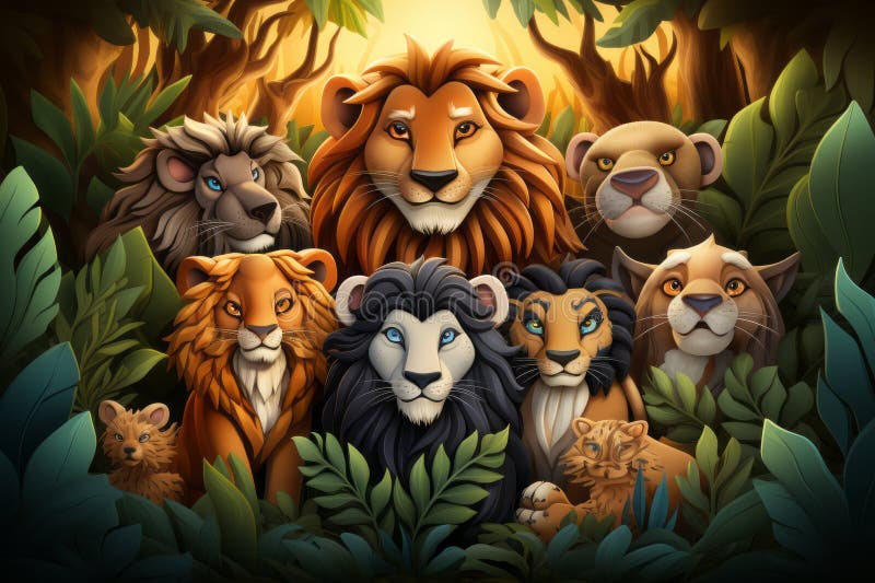 A Group of Lions in the Jungle Stock Illustration - Illustration of ...