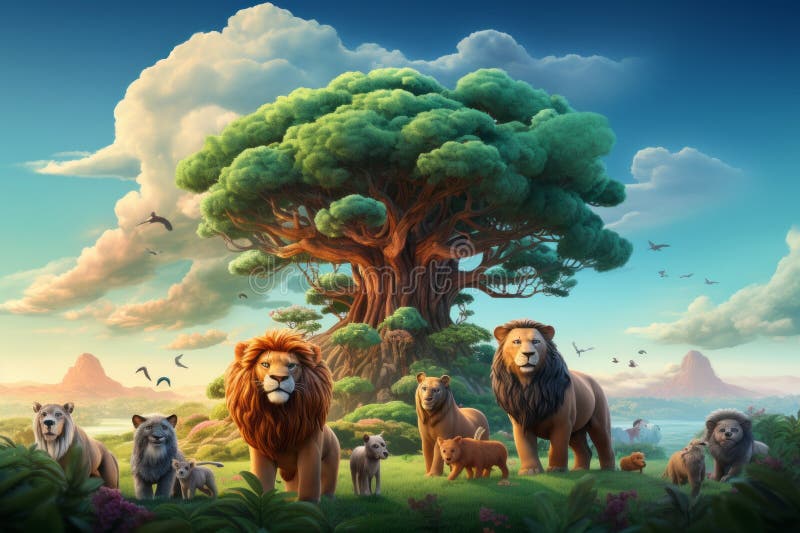 A Group of Lions and Other Animals in Front of a Tree Stock ...
