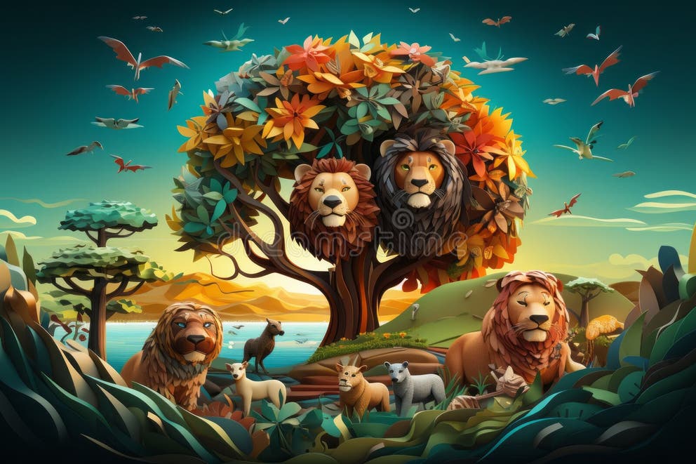 A Group of Lions and Other Animals Under a Tree Stock Illustration ...