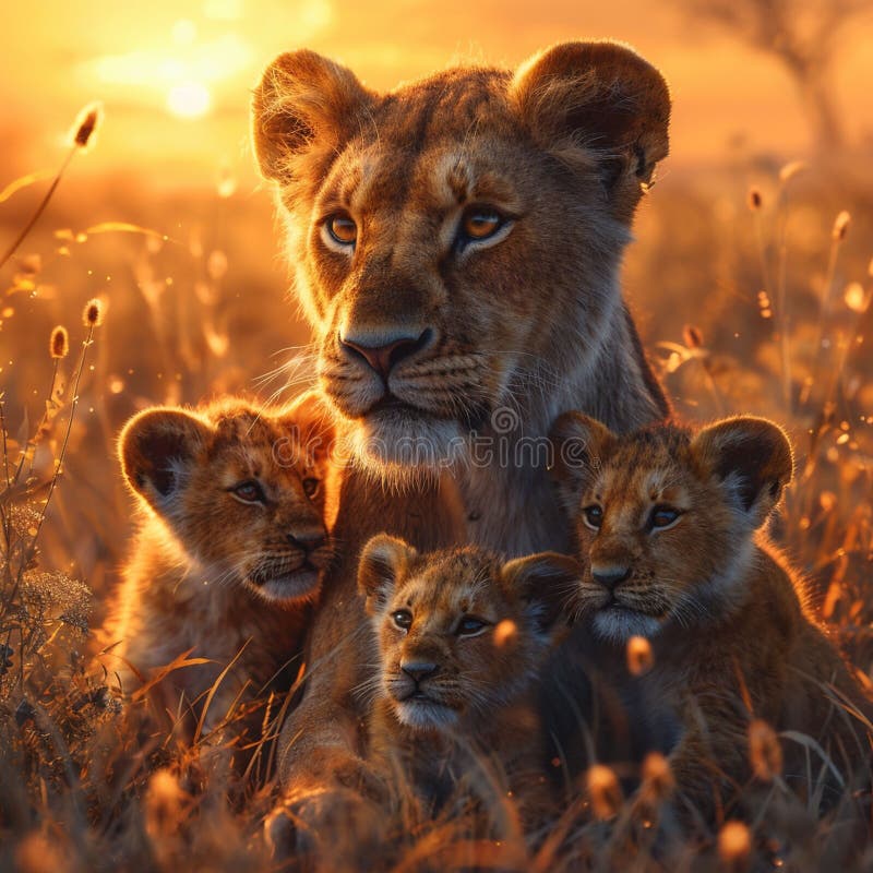 Group of Lions Sitting in Field Stock Illustration - Illustration of ...