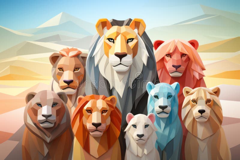 A Group of Lions Standing in Front of a Mountain Stock Illustration ...