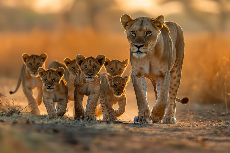 A Group of Lions Walking Across a Dirt Field Stock Photo - Image of ...