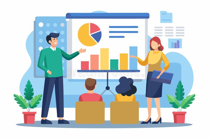 A Group Listens As Two Presenters Discuss Charts and Graphs on a Large ...