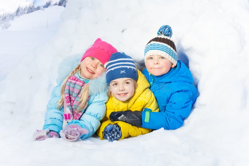 Group of Little Kids Play in Snow Igloo Stock Photo - Image of cold ...