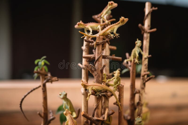 A Group of Lizards or Gecko Building a Construction of Bamboo on Top of ...