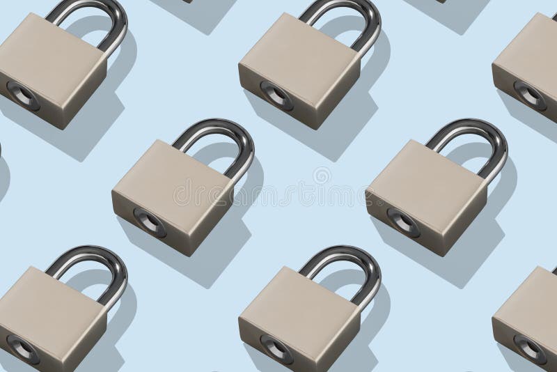 A Group of Locked Padlocks Forming a Repeating Pattern on a Blue ...
