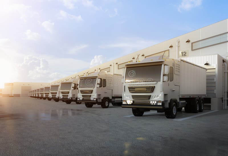 Group of Logistic Trailer Trucks or Lorries at Warehouse Stock ...
