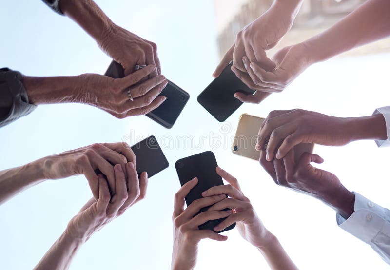 Group, Low Angle and Hands with Smartphone in Networking, Social Media ...
