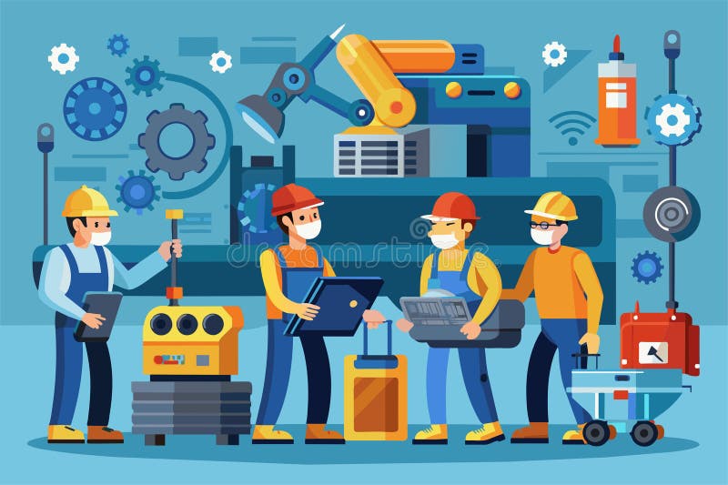 A Group of Machine Repairers Collaborates in a Workshop ...