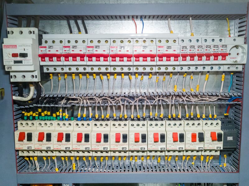 Group of Magnet Starters in a Row in Electrical Cabinet of Automation ...