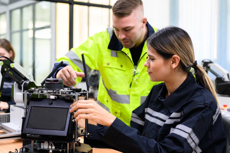 Group of Maintenance Engineers Checking and Repairing Automatic Robotic ...