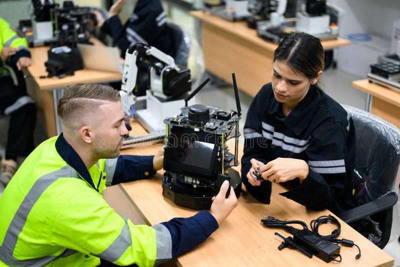 Group of Maintenance Engineers Checking and Repairing Automatic Robotic ...