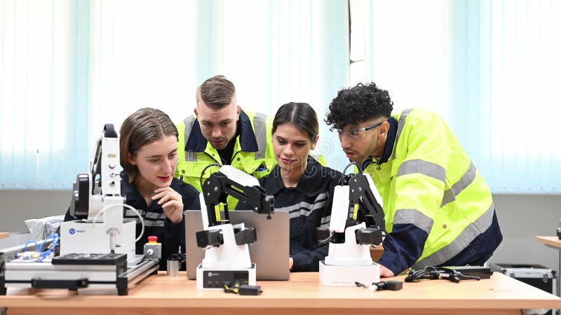 Group of Maintenance Engineers Working with Robot Maintenance Stock ...