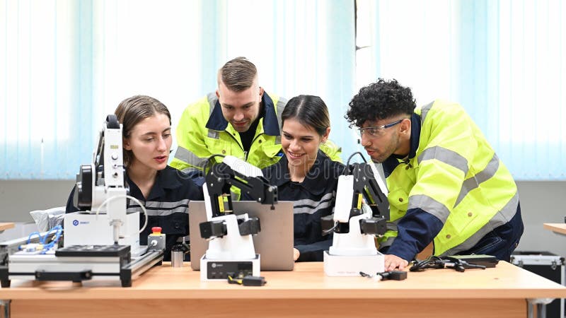 Group of Maintenance Engineers Working with Robot Maintenance Stock ...