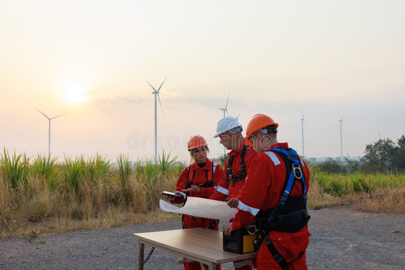 Group of Maintenance Workers and Electric Engineer Looking at Wind ...