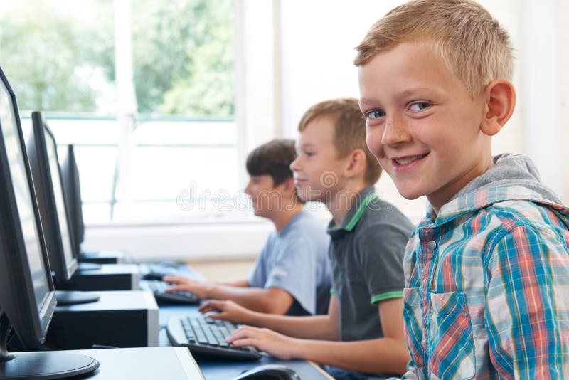Group of Male Elementary School Children in Computer Class Stock Photo ...