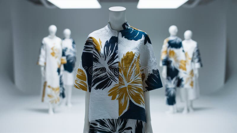 A Group of Mannequins in a Room with White and Blue Clothing, AI Stock ...