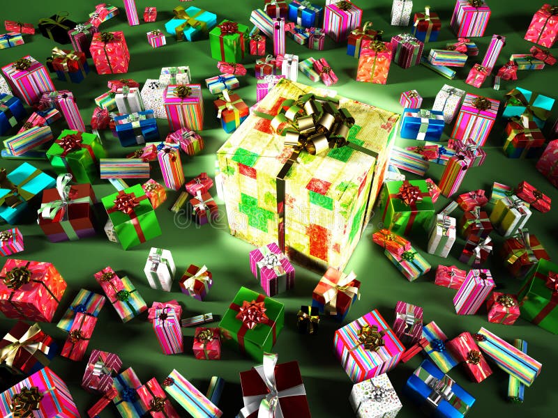 Group Of Many Gifts, With A Big Central Luminous Present. Stock Image ...