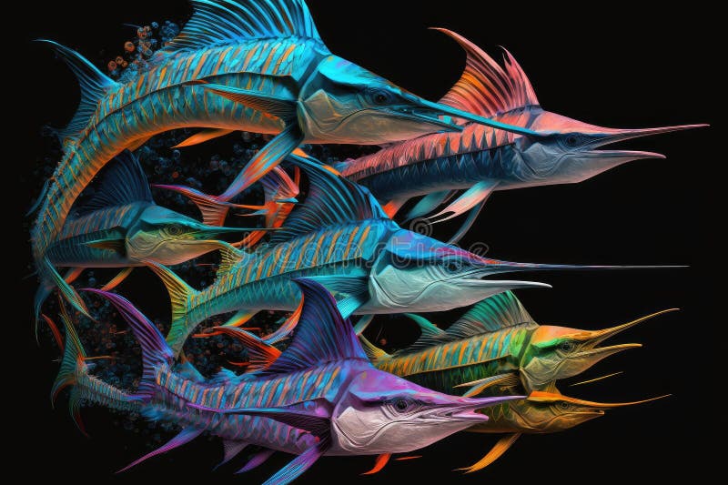 Group of Marlin Jumping in Unison, Each Fish Displaying Its Unique ...