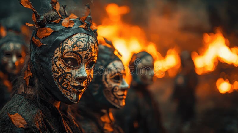 Mysterious Masquerade in Firelight Intricate Masks and Burning Flames ...