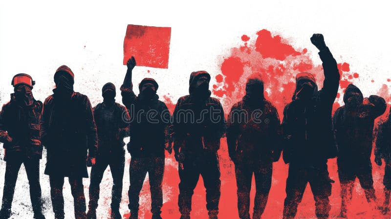 A Group of Masked Protesters in Dark Clothing Standing Against a White ...