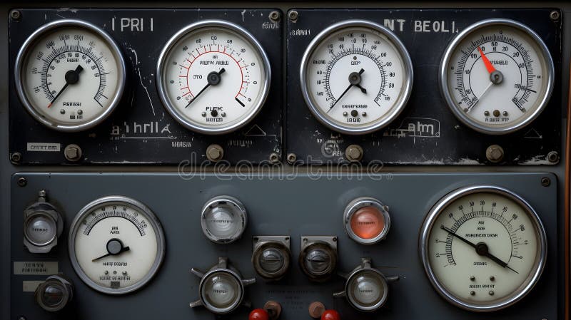 A Group of Mechanical Gauges and Dials on a Control Panel Created with ...