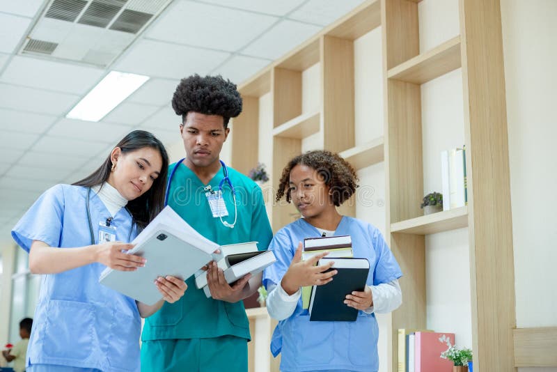 Group of Medical Student Holding Book Walking Front Classroom in ...