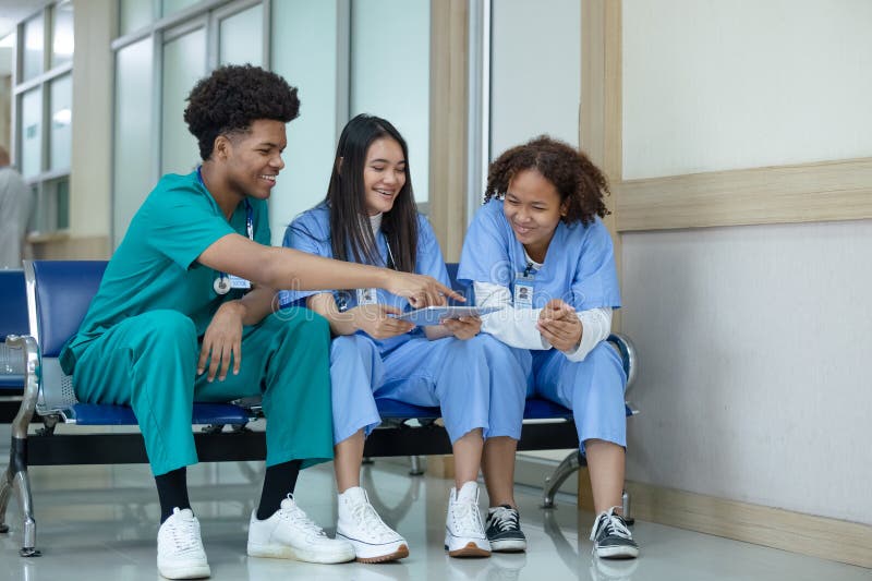 Group of Medical Student Sitting Front Classroom Using Tablet Searching ...