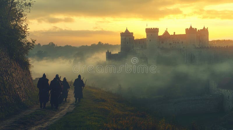 Group of Medieval Soldiers Patrolling the Castle Perimeter at Dawn ...