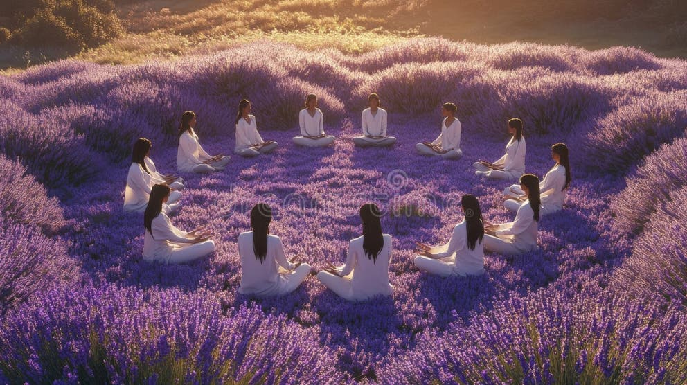 Group Meditation Circle in a Lavender Field Stock Image - Image of ...